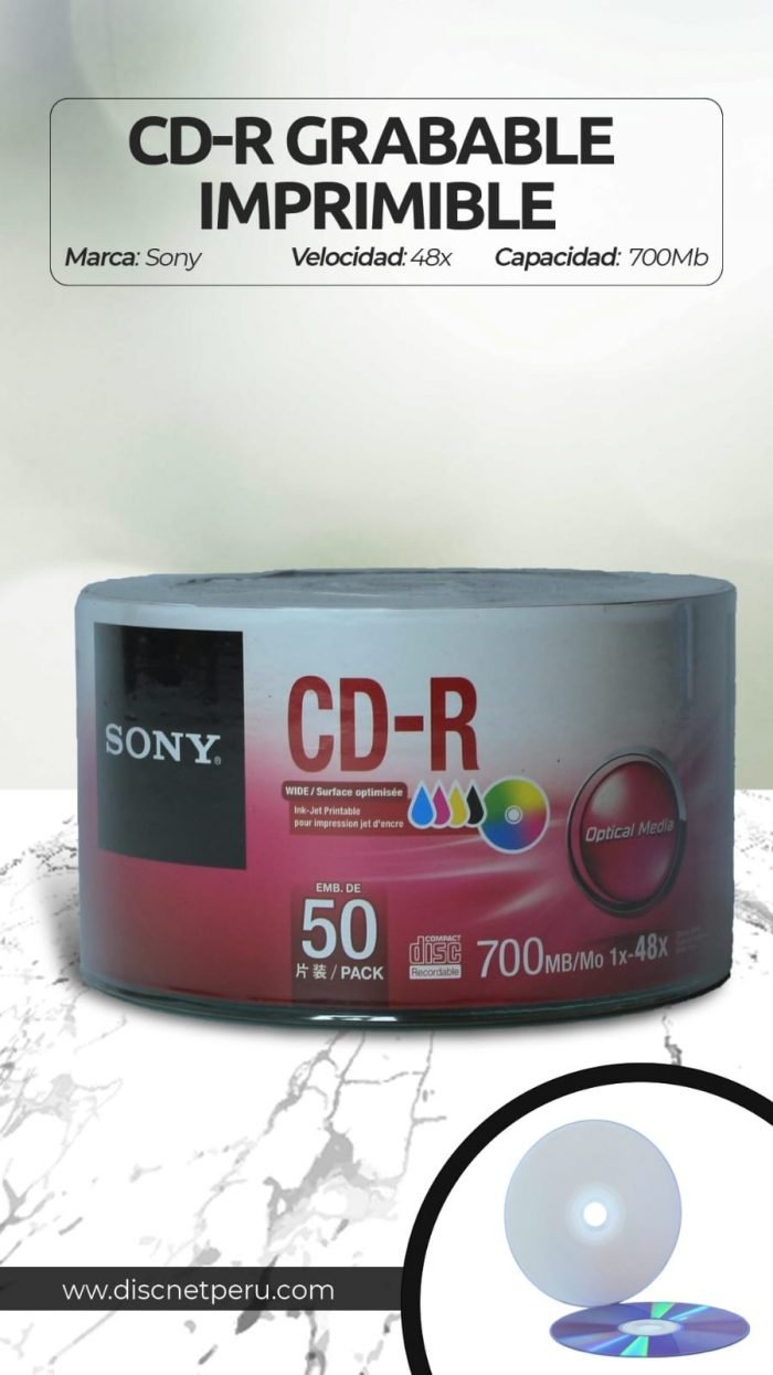 CD GRABABLE SONY PRINTABLE, PRECIO POR CONO DE 50 UNIDADES – DISCNET